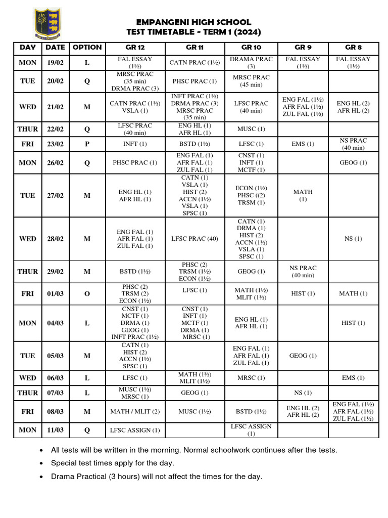 Test Timetable Term 1 (2024) | PDF | Science & Mathematics