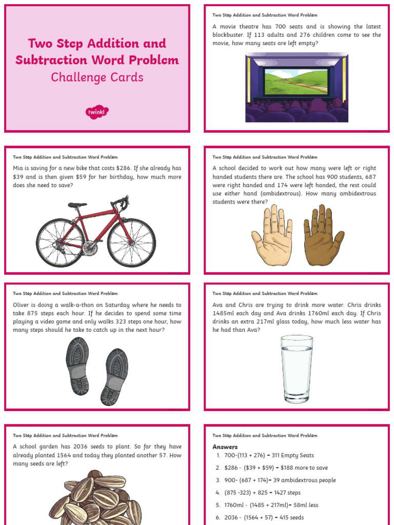 Two Step Addition and Subtraction Word Problem Challenge Cards English ...