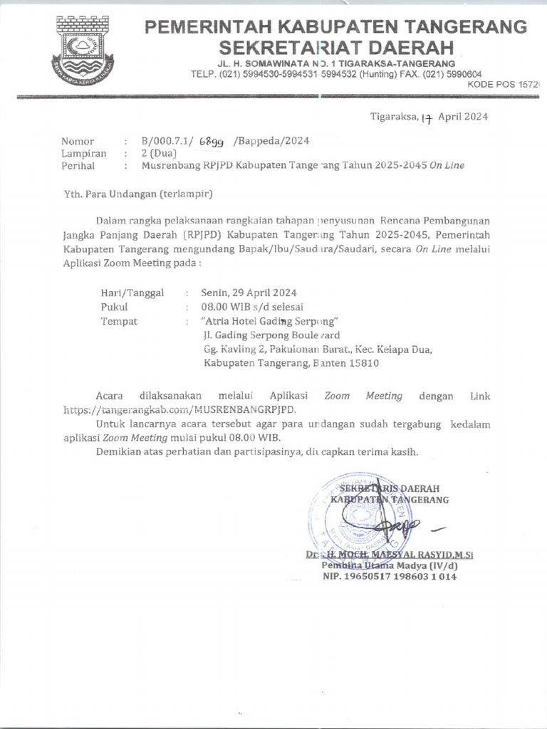 surat undangan online musrenbang RPJPD Kab tangerang 2025-2045 | PDF