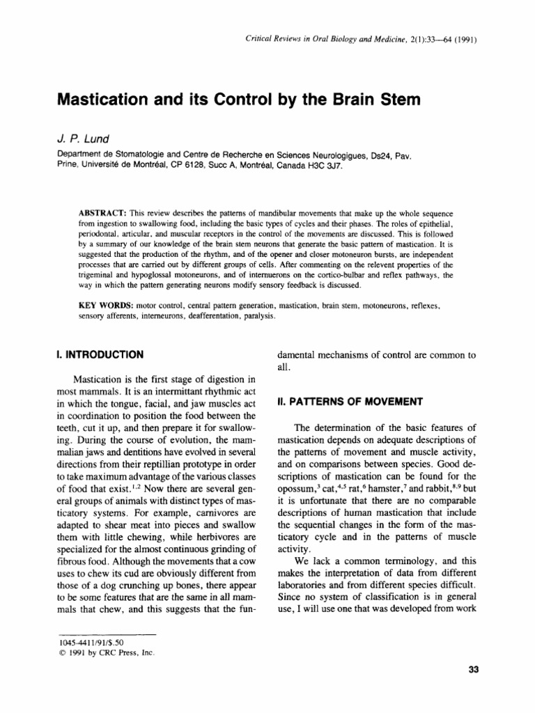 1 Mastication and Its Control by Brain | PDF | Motor Neuron | Stimulus ...