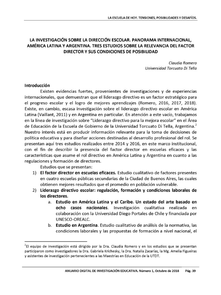 Artículo de Revista - LA INVESTIGACIÓN SOBRE LA DIRECCIÓN ESCOLAR - Claudia Romero | PDF ...
