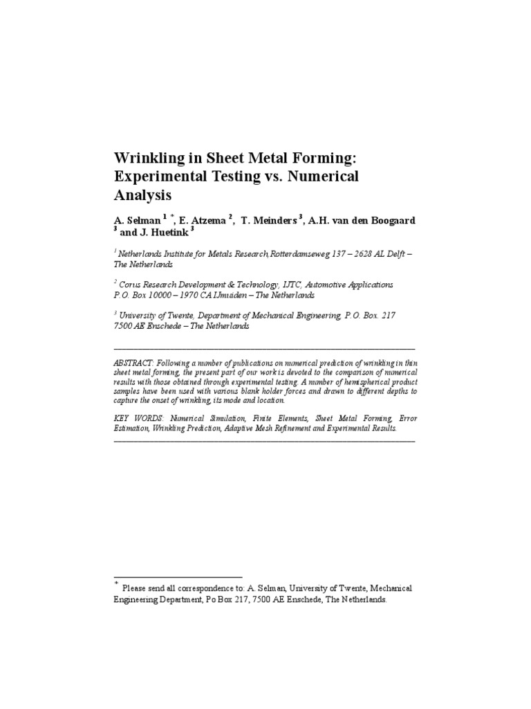 Wrinkling In Sheet Metal Forming Experimental Testing Vs