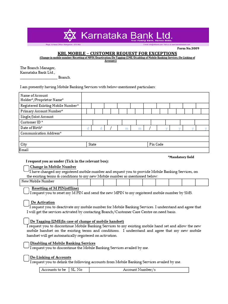 KBL Mobile Banking Exception Request Form | PDF | Service Industries ...