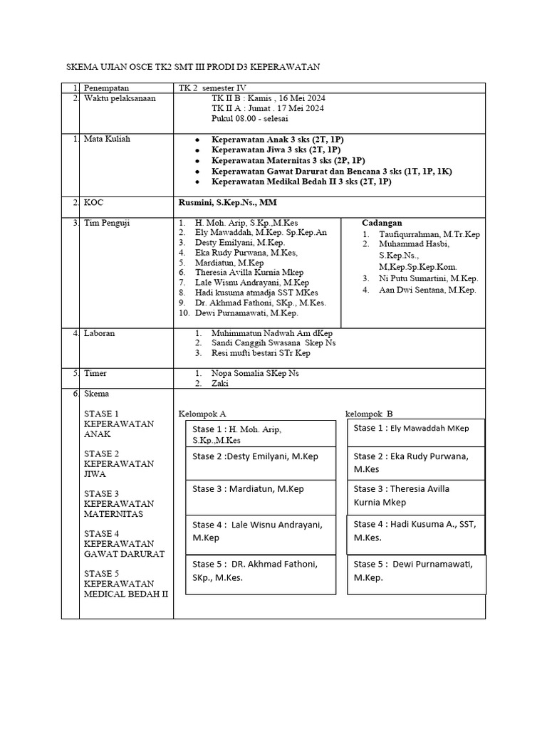 Skema Ujian Osce TK2 SMT Iii Prodi D3 Keperawatan | PDF | Kesehatan Holistik