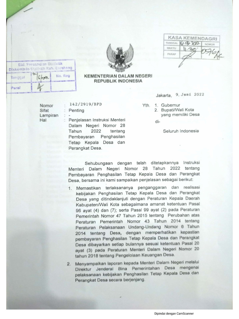 Surat Dirjen BPD Kemendagri Penjelasan Inmendagri 28-2022 Siltap Kades ...