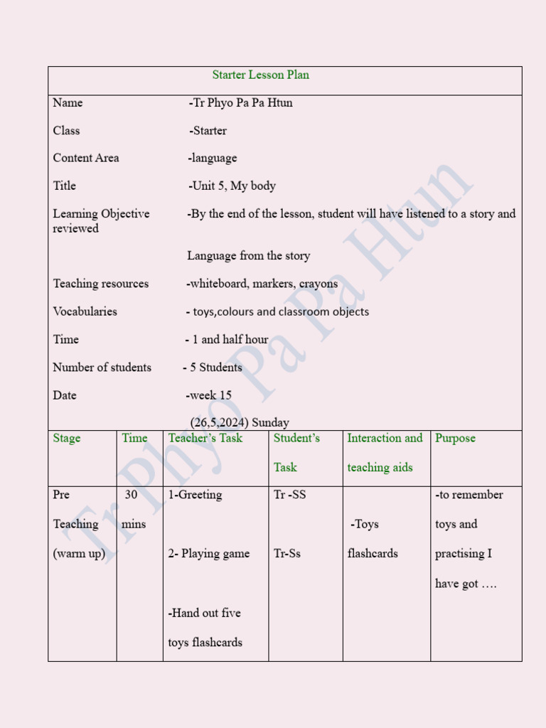 Starter Lesson Plan: My Body Unit | PDF | Lesson Plan | Flashcard