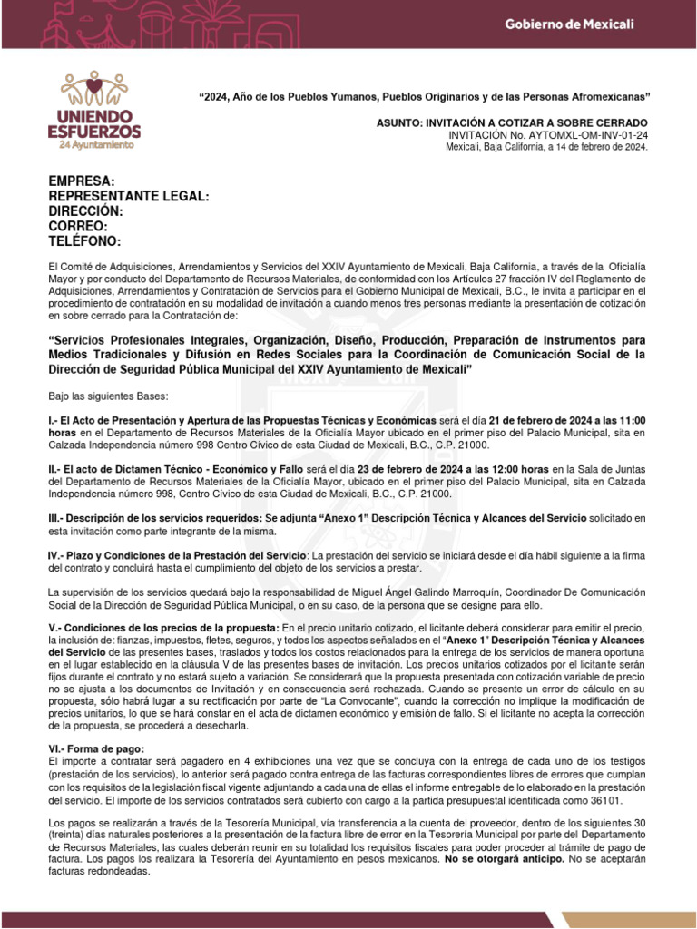 Invitación a Cotizar Servicios en Mexicali | PDF
