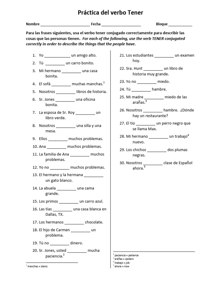 Main Practica Del Verbo Tener Spanish Worksheet | PDF