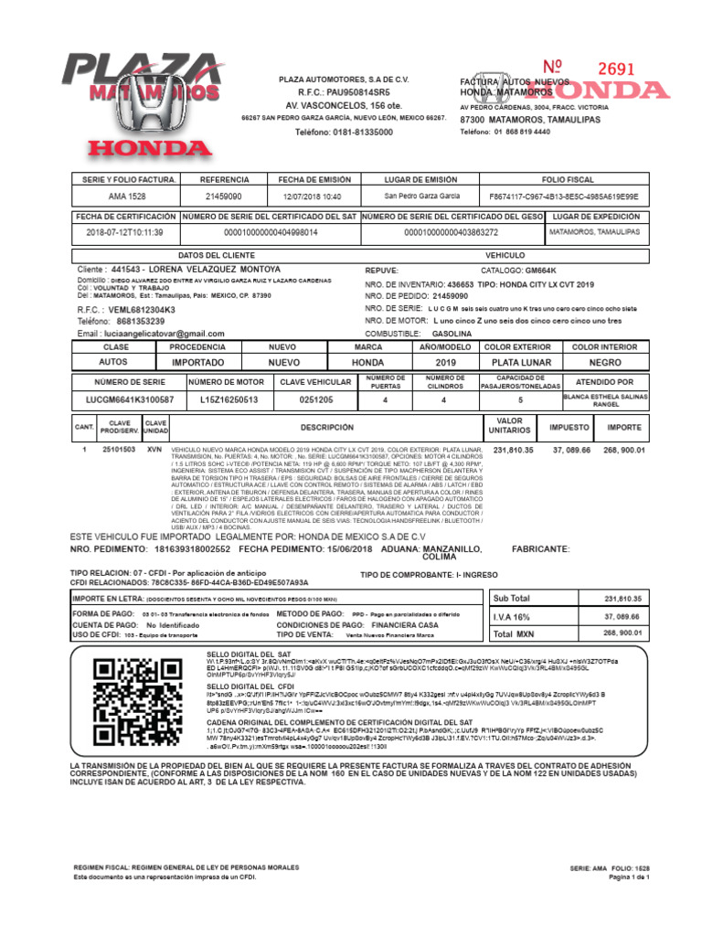 Factura Honda City2019 | PDF | Coche | Fabricantes de automóviles