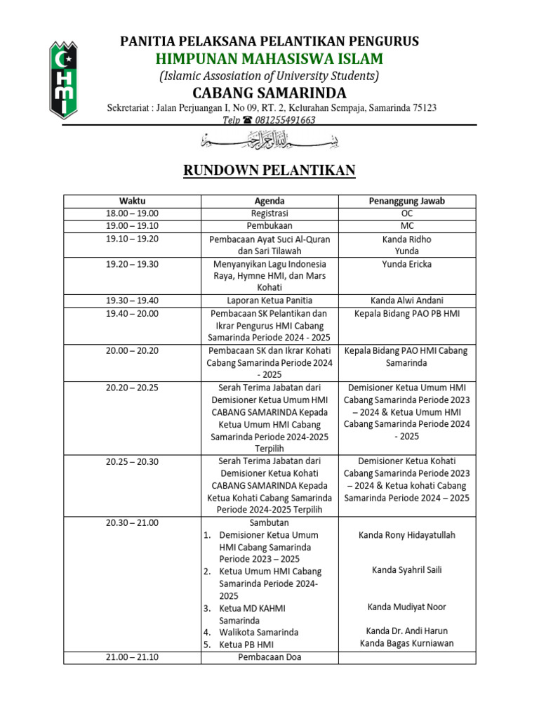 Rundown Pelantikan Pengurus Hmi Cabang Samarinda 2024-2025 16 Mei 2024 ...