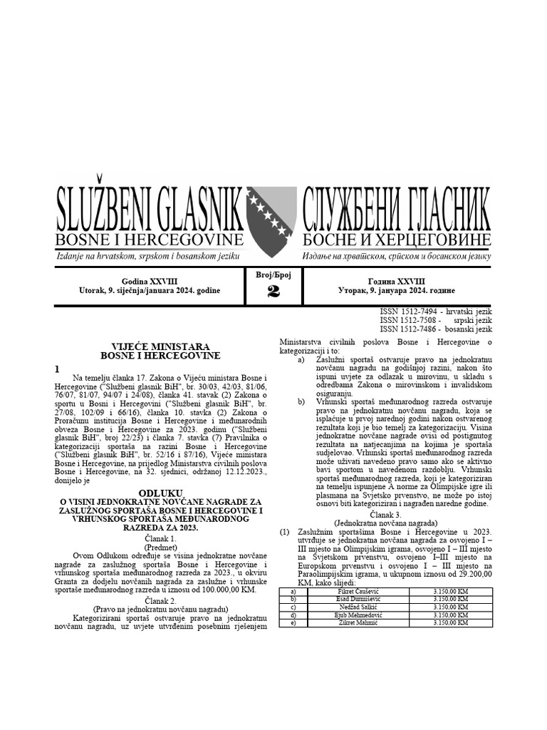 Službeni Glasnik BiH (Godina 28, Broj 2 9.1.2024) | PDF