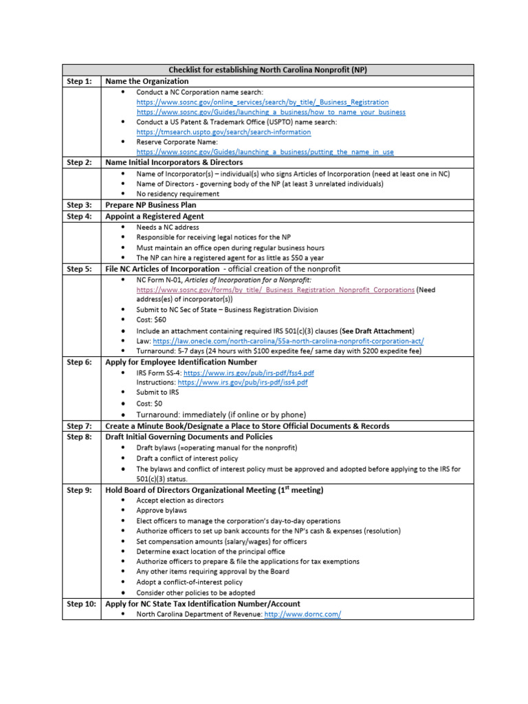 Checklist For Establishing A NC Nonprofit V.2. | PDF | United States ...