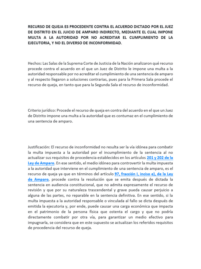 Recurso de Queja Es Procedente Contra El Acuerdo Dictado Por El Juez de ...