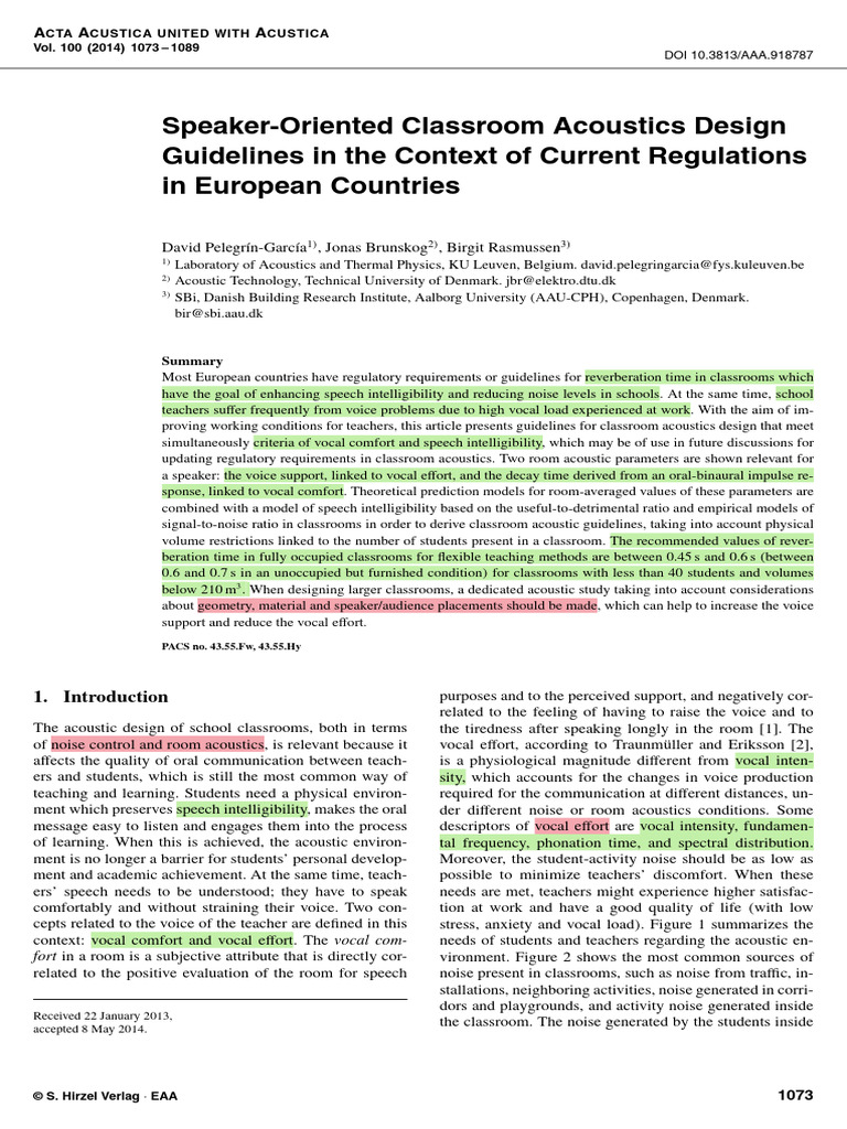 Speaker Oriented Classroom Acoustics Design Guidelines In The Context Of Current Regulations In
