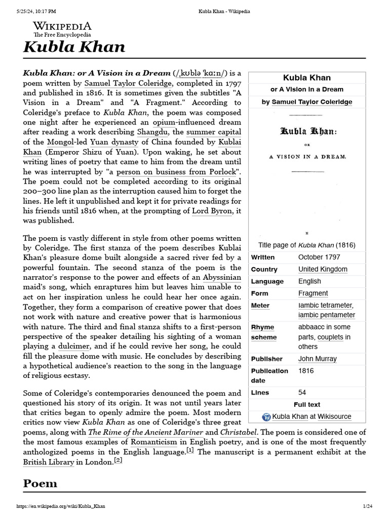 Kubla Khan - Wikipedia | PDF | Samuel Taylor Coleridge