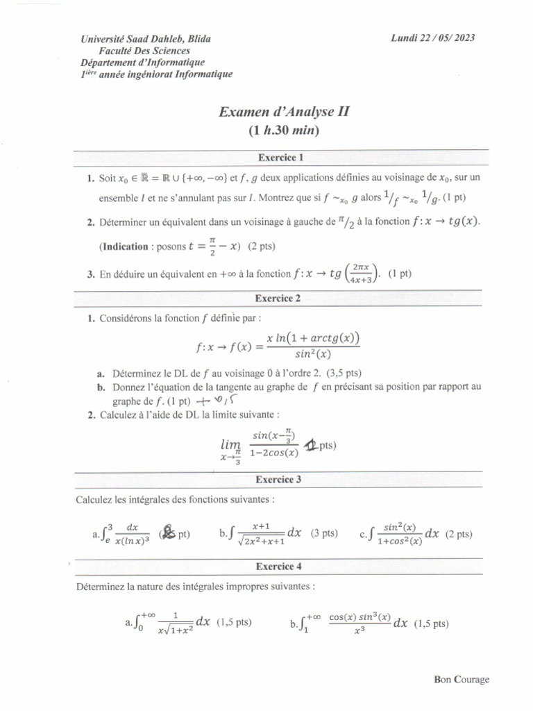Examen Analyse II Et Le Corrige | PDF