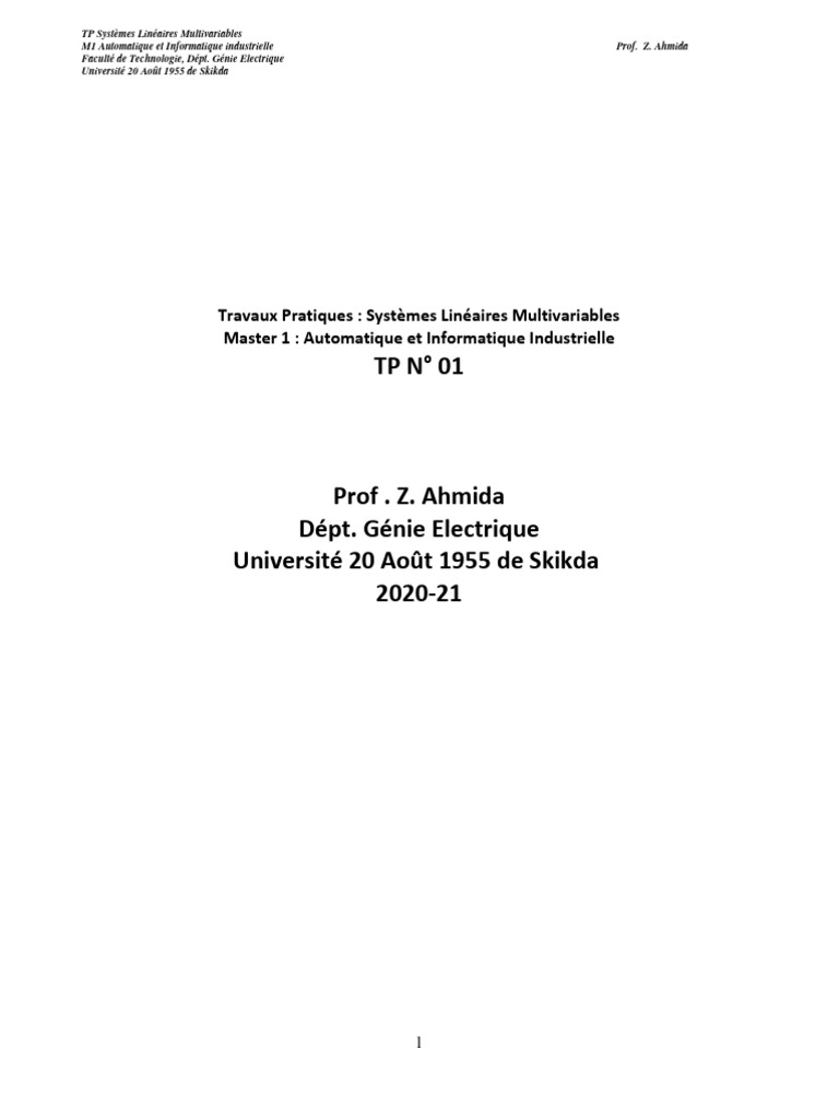 TP MATLAB : Systèmes Linéaires Multivariables | PDF | Structure de ...