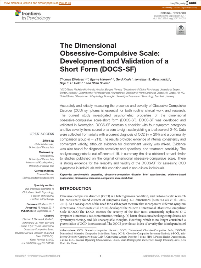 The Dimensional Obsessive-Compulsive Scale: Development and Validation of A Short Form (DOCS-SF ...
