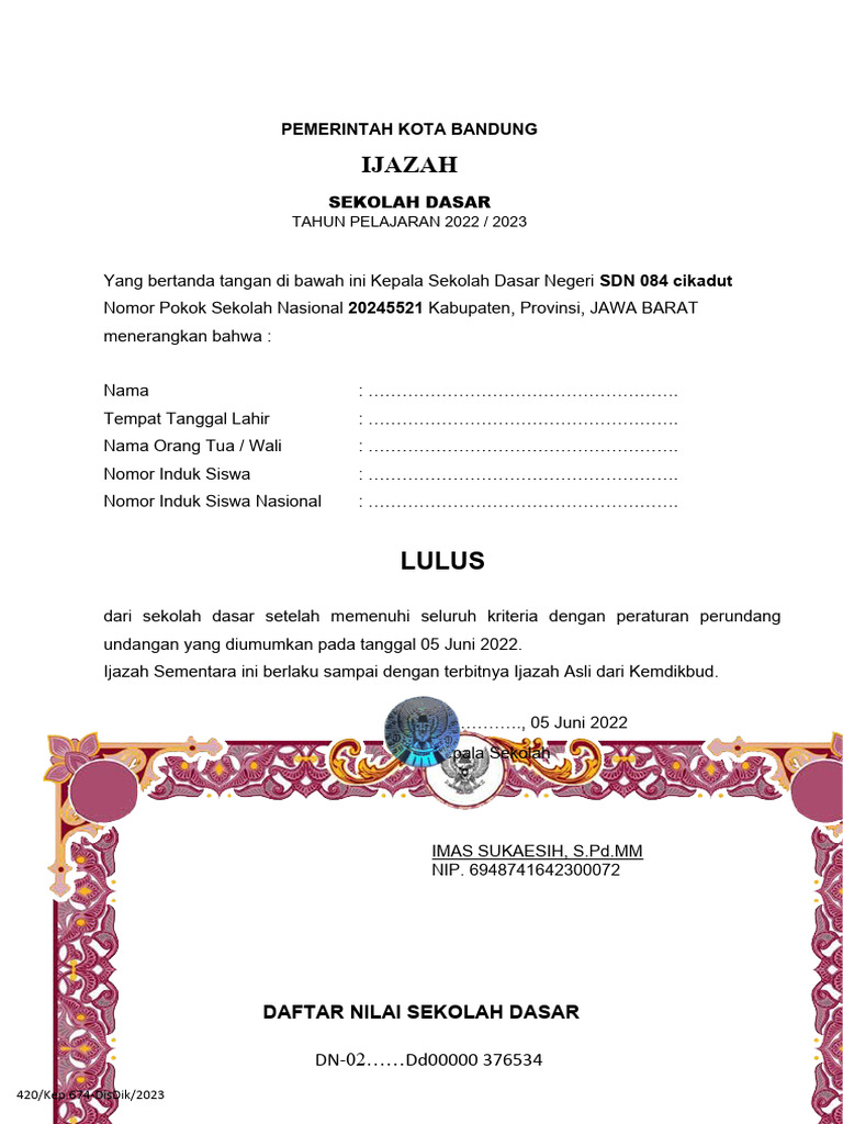 Format Ijazah SD Bp Cimahi | PDF
