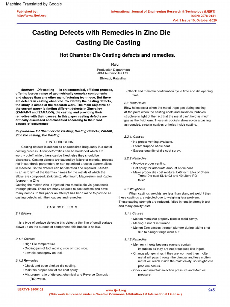 Zinc Die Casting Defects & Fixes | PDF | Casting | Materials Science
