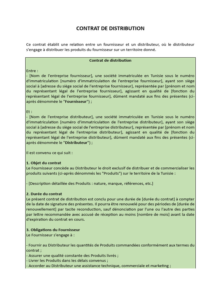 Contrat de Distribution Exclusif en Tunisie | PDF