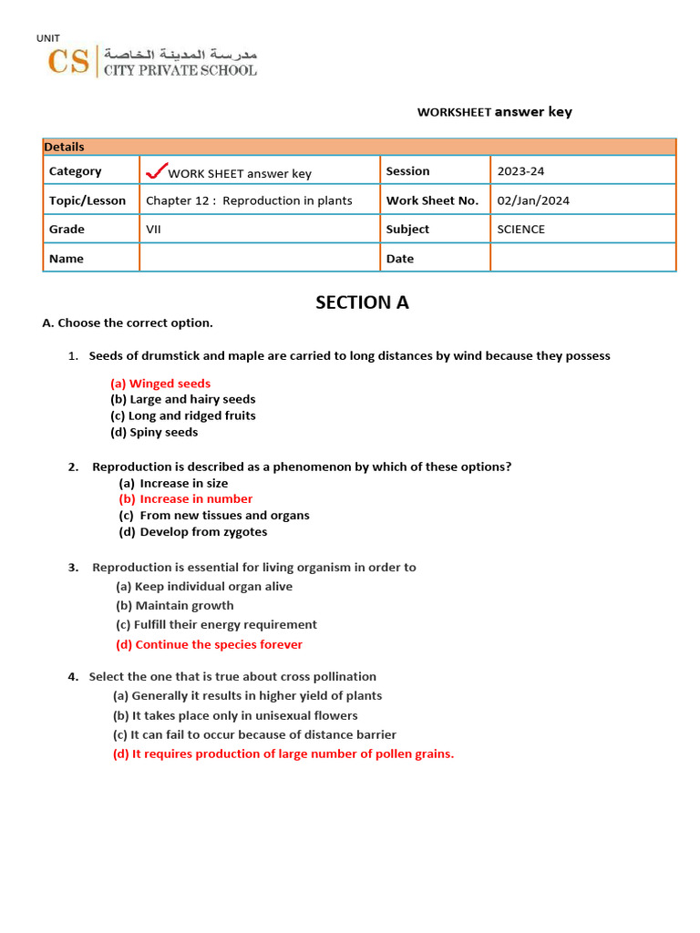 WSG07 Reproduction in Plants Answer Key G07 | PDF | Fertilisation | Flowers
