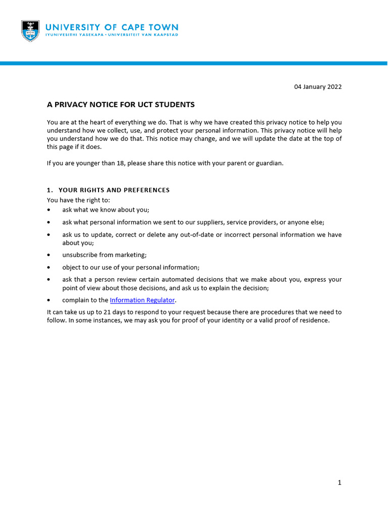 UCT Student Privacy Notice 2022 | PDF | Privacy | Information