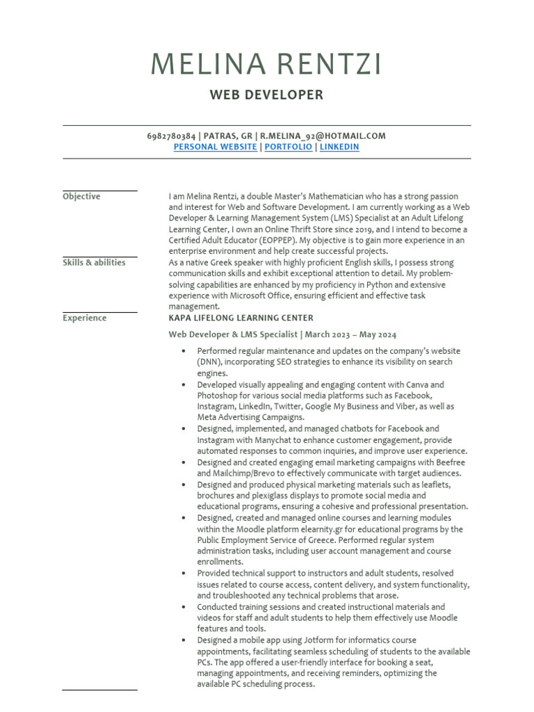 My CV - Melina Rentzi | PDF | Usability | Mobile App