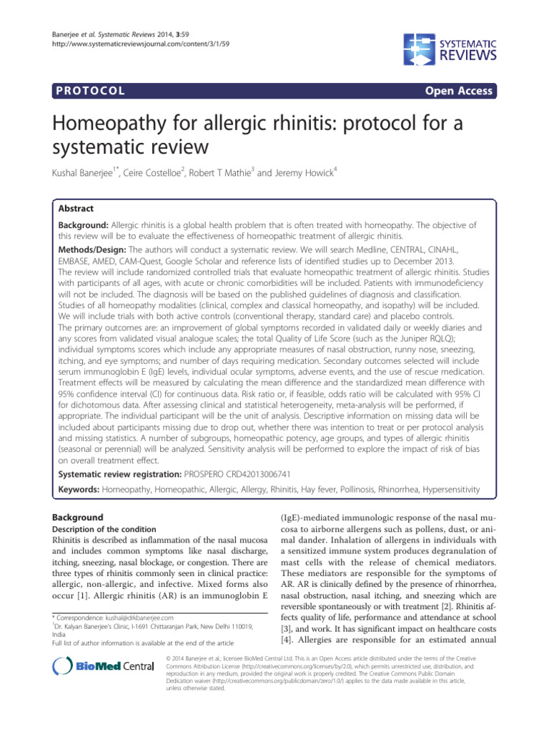 Homeopathy For Allergic Rhinitis - Protocol For A Systematic Review | PDF | Homeopathy | Allergy