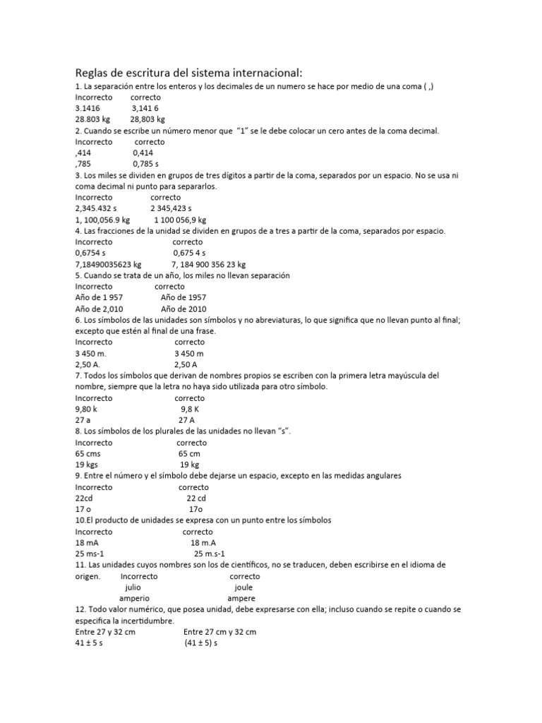 Reglas de escritura del SI en números | PDF | Kilogramo | Sistema ...