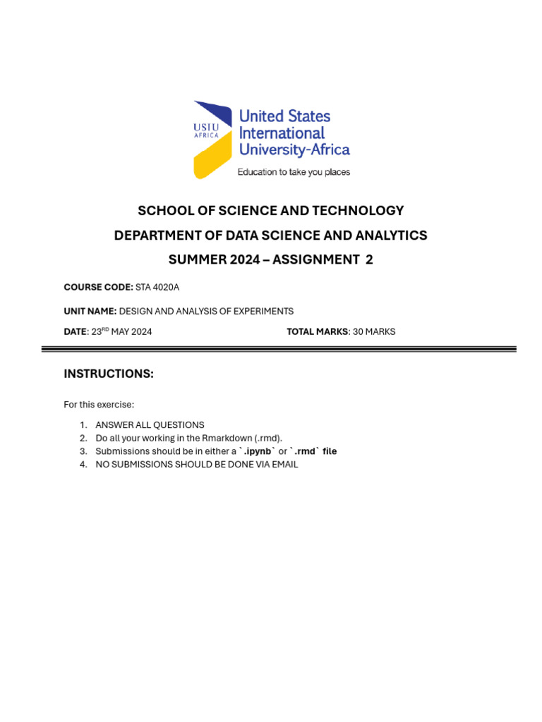 US 2024 - Assignment 2 - STA 4020 | PDF | Analysis Of Variance | Experiment