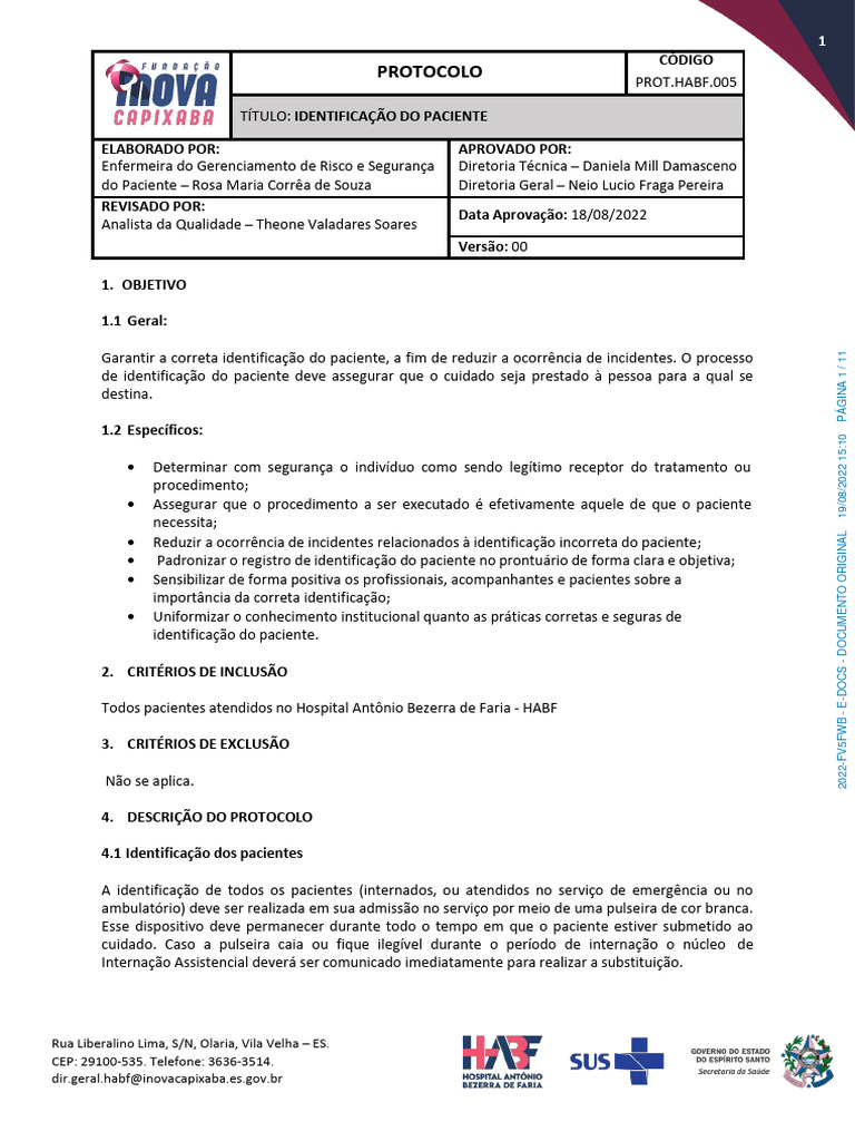 PROT - HABF.005 - Identificação Do Paciente | PDF | Enfermagem ...
