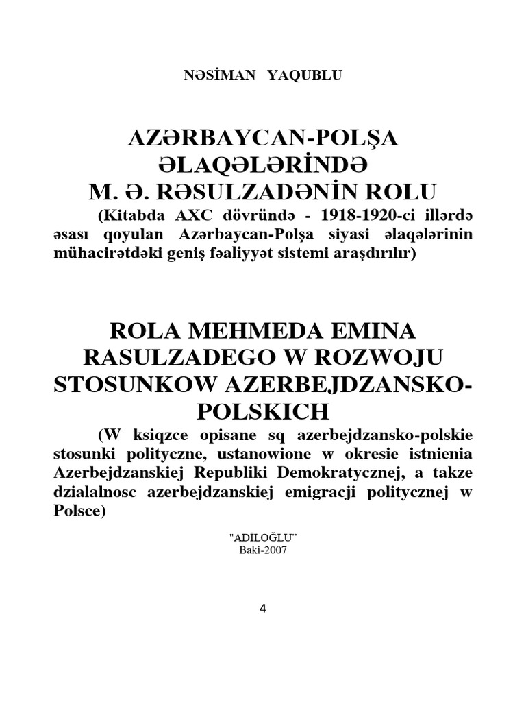 Azerbaycan-Polsha Elaqelerinde M E Resulzadenin Rolu | PDF Azerbaycan-Polsha Elaqelerinde M E Resulzadenin Rolu | PDF