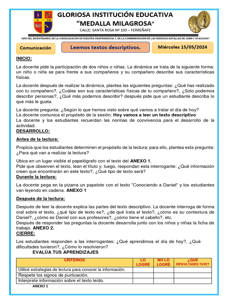 Sesión Leemos Un Texto Descriptivo Miércoles 15 05 2024 Com Pdf