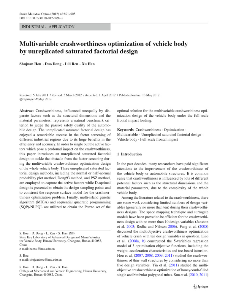Multivariable Crashworthiness Optimization of Vehicle Body by Unreplicated Saturated Factorial ...