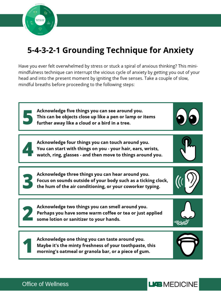 5-4-3-2-1 Grounding for Anxiety Relief | PDF | Self-Improvement