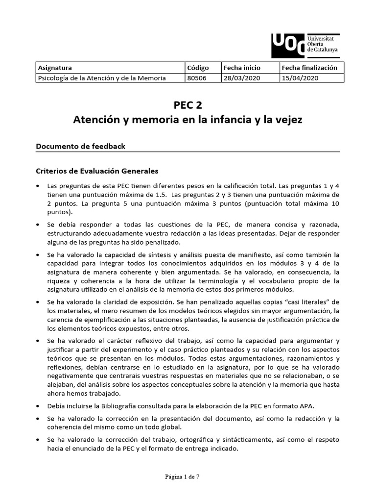 2 PEC2 FEEDBACK-2020-febr | PDF | Memoria | Atención
