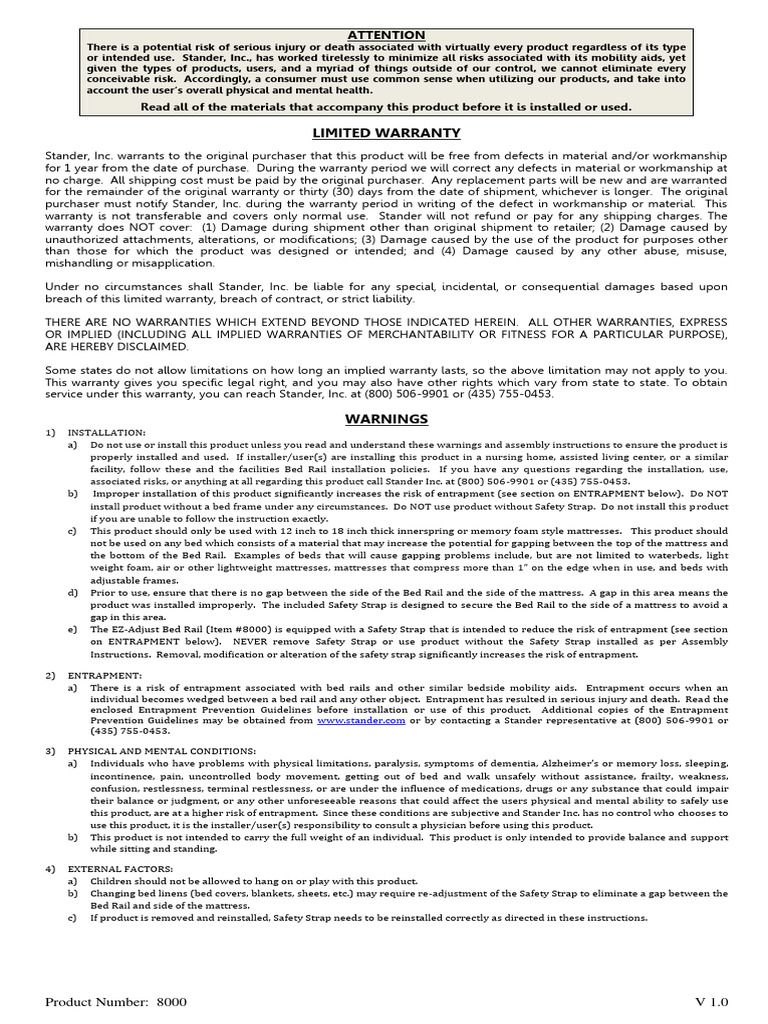 8000 Stander EZ Adjust Bed Rail Safety Warnings and Assembly ...