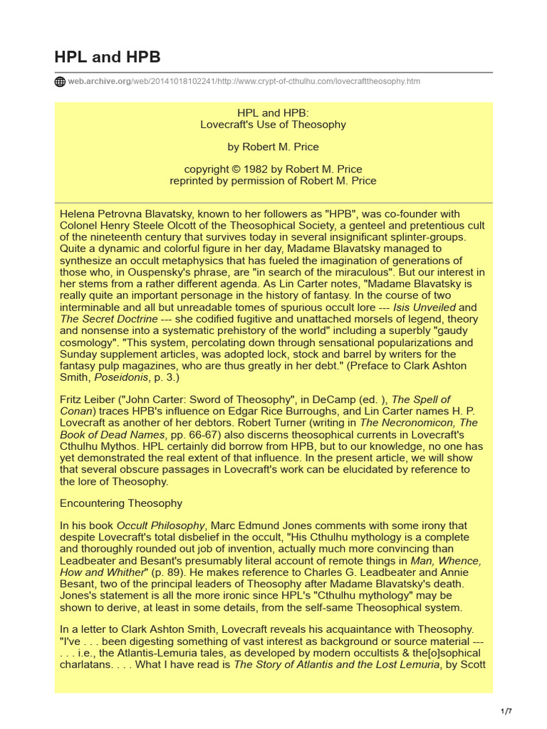 HPL and HPB | PDF | Helena Blavatsky | Theosophy