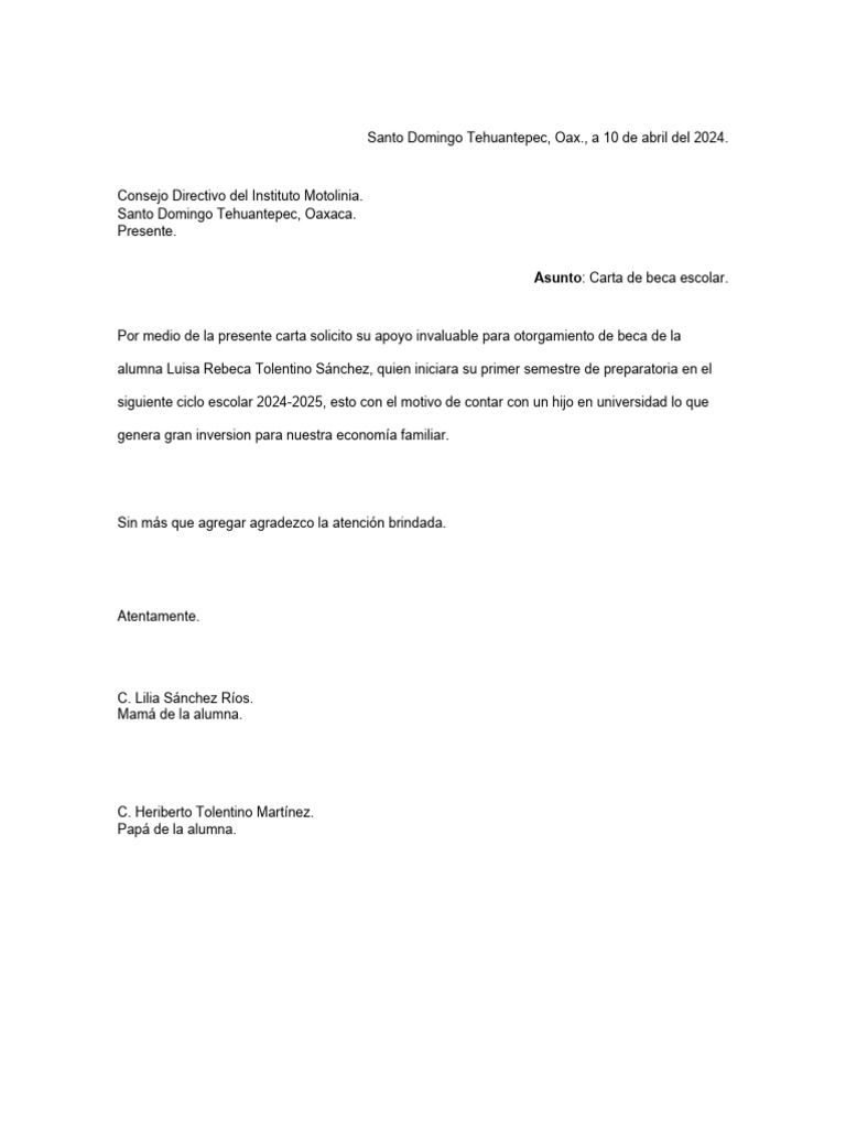 Carta de Solicitud de Beca Bechy | PDF | Finanzas y administración del ...