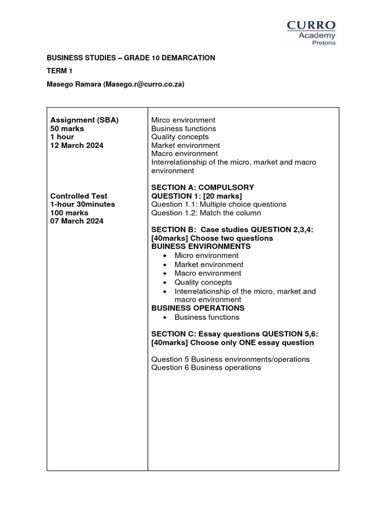 Grade 10 Term 1 Business Studies Dermacation | PDF | Technology ...