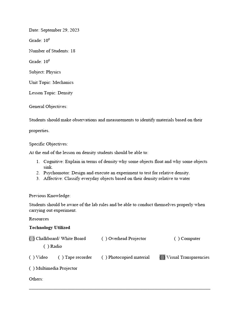 lesson plan on density corrected | PDF | Density | Buoyancy