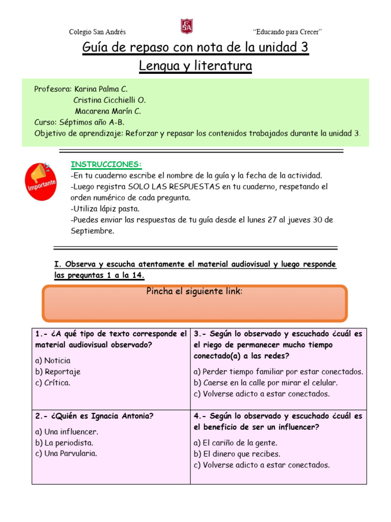 Guía Con Nota, Repaso Unidad 3 Lenguaje 7°A-B | PDF | Estudios de ...