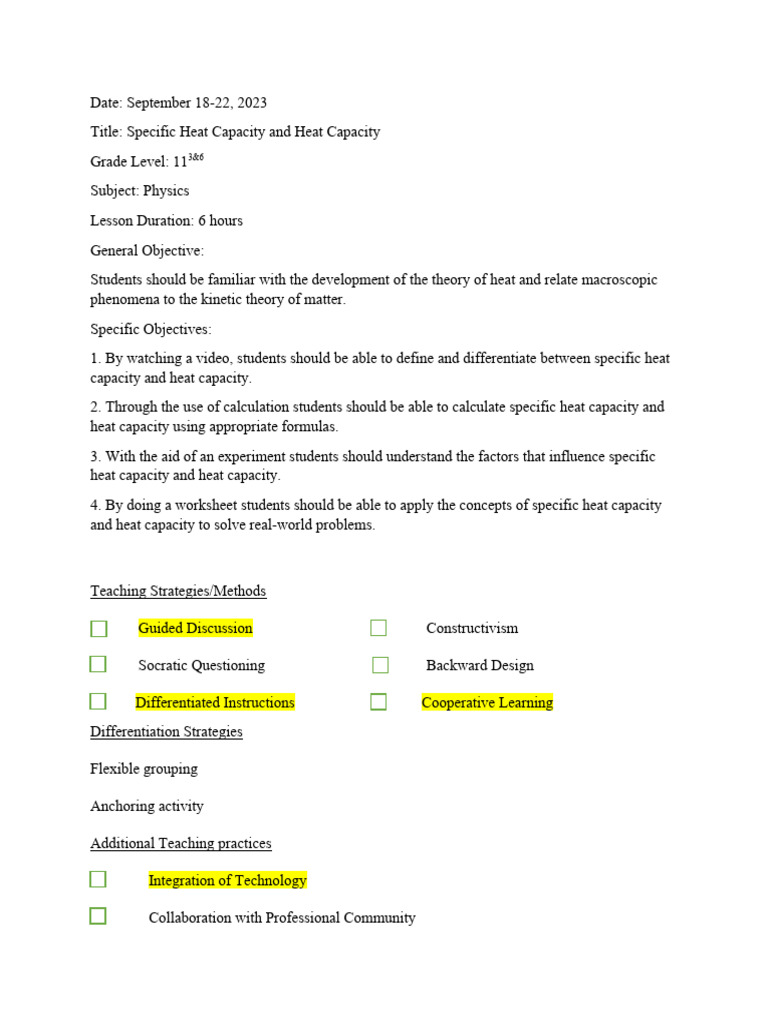 specific heat capacity lesson plan | Download Free PDF | Heat | Temperature