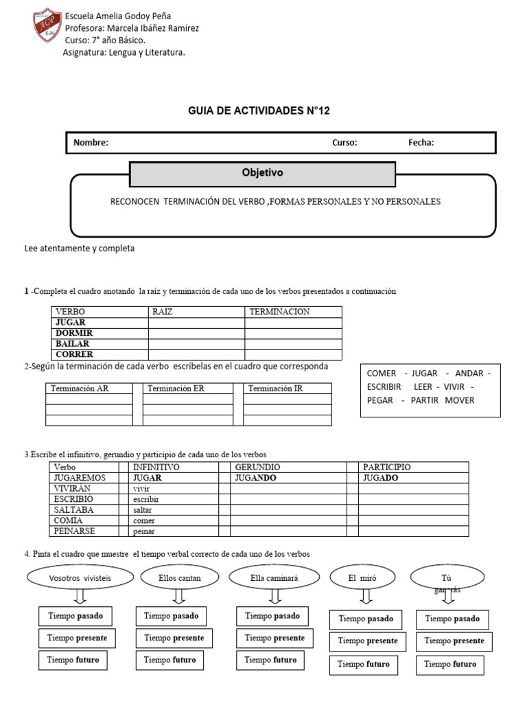 Guia de Actividades 7° Básico Lengua y Literatura | PDF | Verbo | Conjugación gramatical