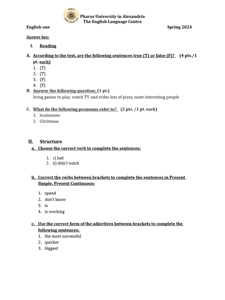 Answer Key (Mock Exam) Spring 2024 | PDF