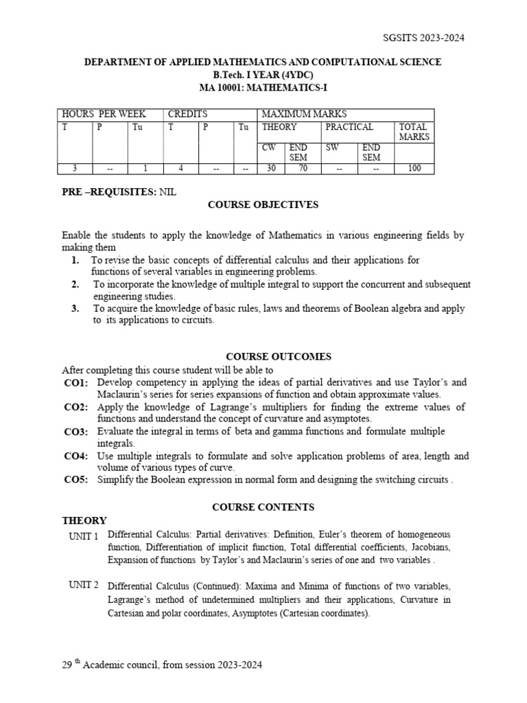 Syllabus B.Tech. I Year Applied Maths 2023-24 | PDF | Matrix (Mathematics) | Eigenvalues And ...