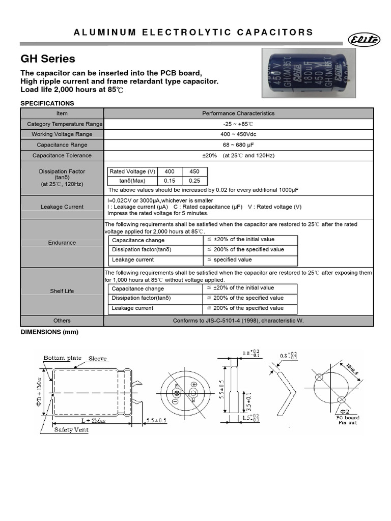 Elite (Snap-In) GH Series | PDF | Capacitor | Power (Physics)