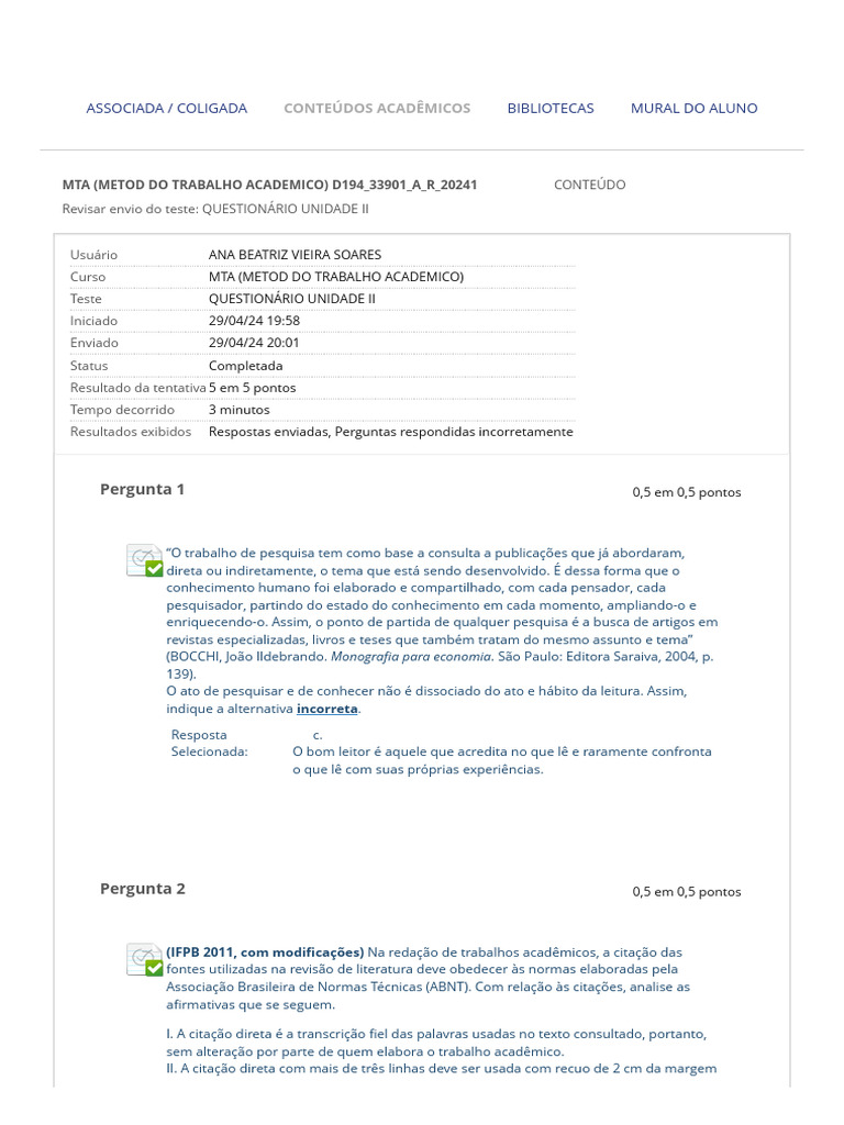 EAD UNIP Metodologia Do Trabalho Academico Questionario II | PDF | Science | Método científico