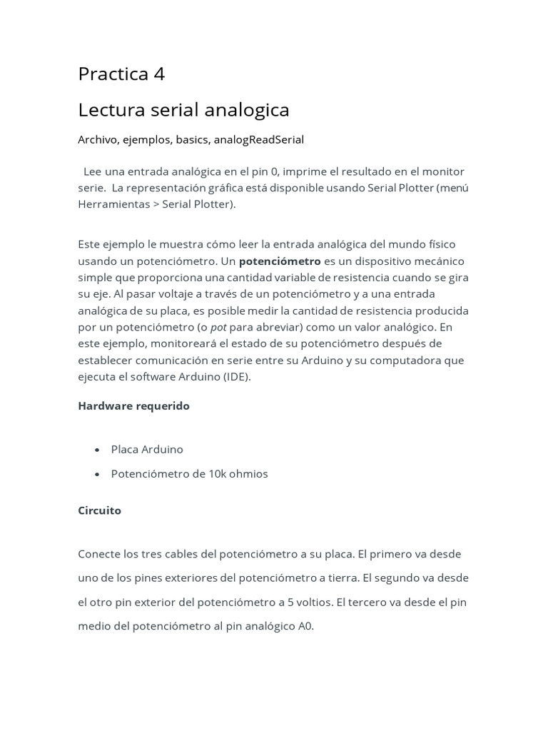Arduino Practica 4 Analog Read Serial | Descargar gratis PDF | Arduino ... Arduino Practica 4 Analog Read Serial | Descargar gratis PDF | Arduino ...